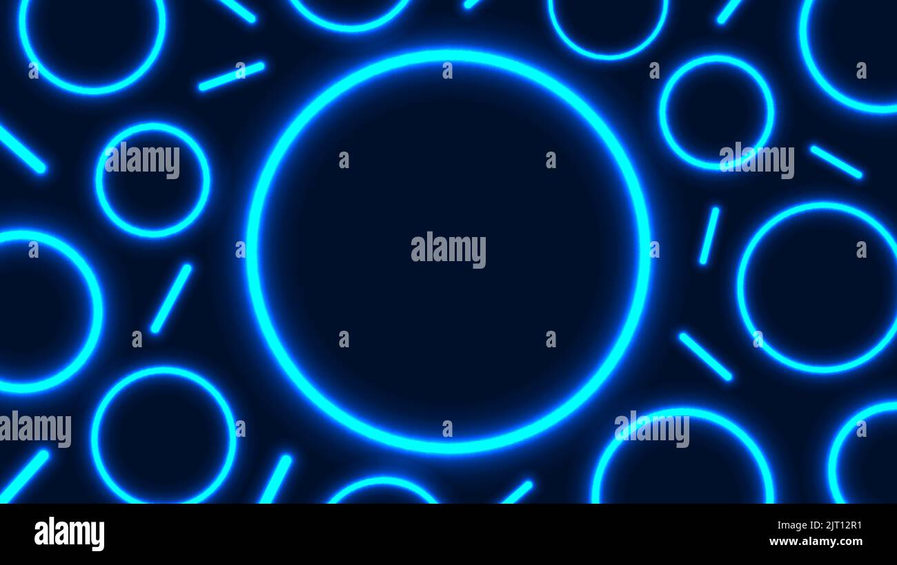 Abstract glowing blue neon lighting effect circles geometric frames pattern on dark background ...