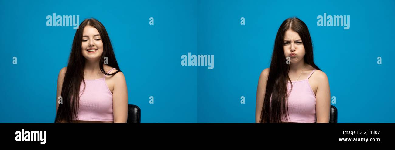 Set of two young woman's portraits with different emotions, angry, sad ...