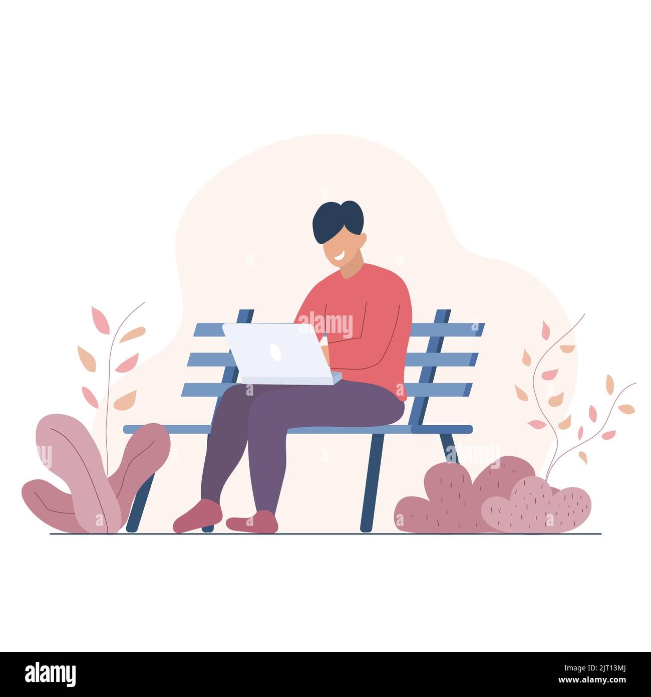 Man using laptop computer on street bench. Vector and Illustration ...