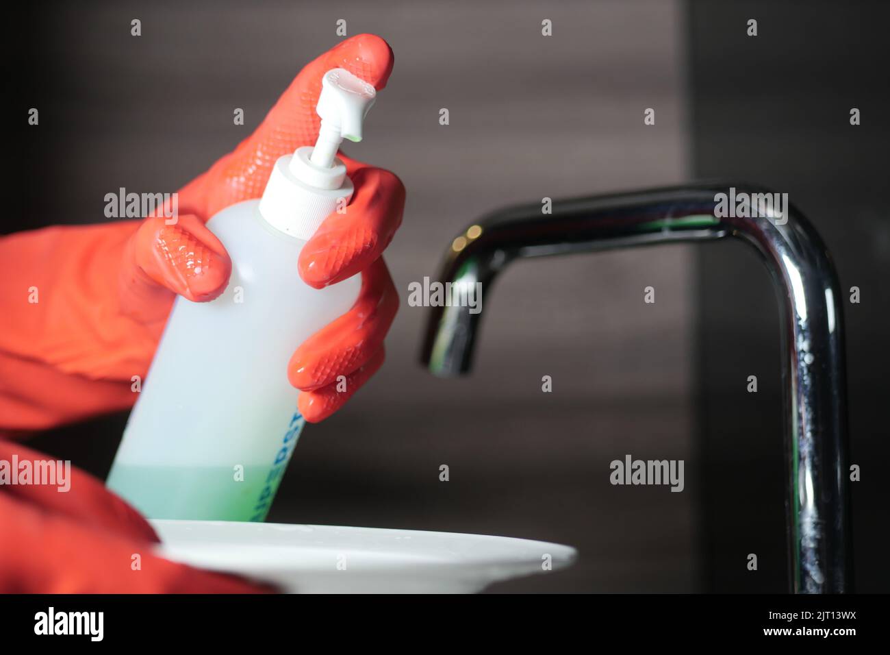 hand in gloves cleaning a white color plate Stock Photo - Alamy