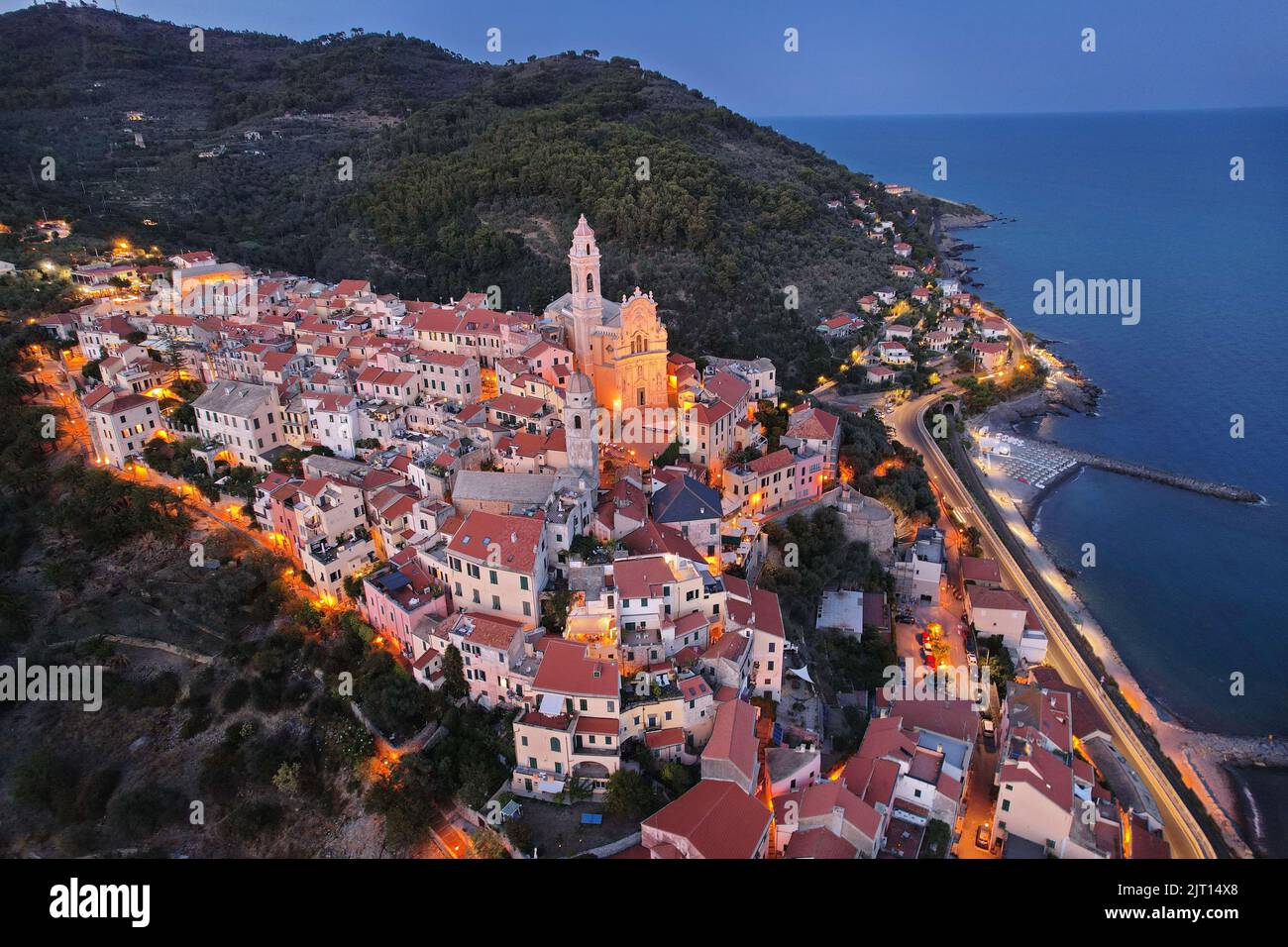 Aerial view of the village of Cervo on the Italian Riviera in the ...