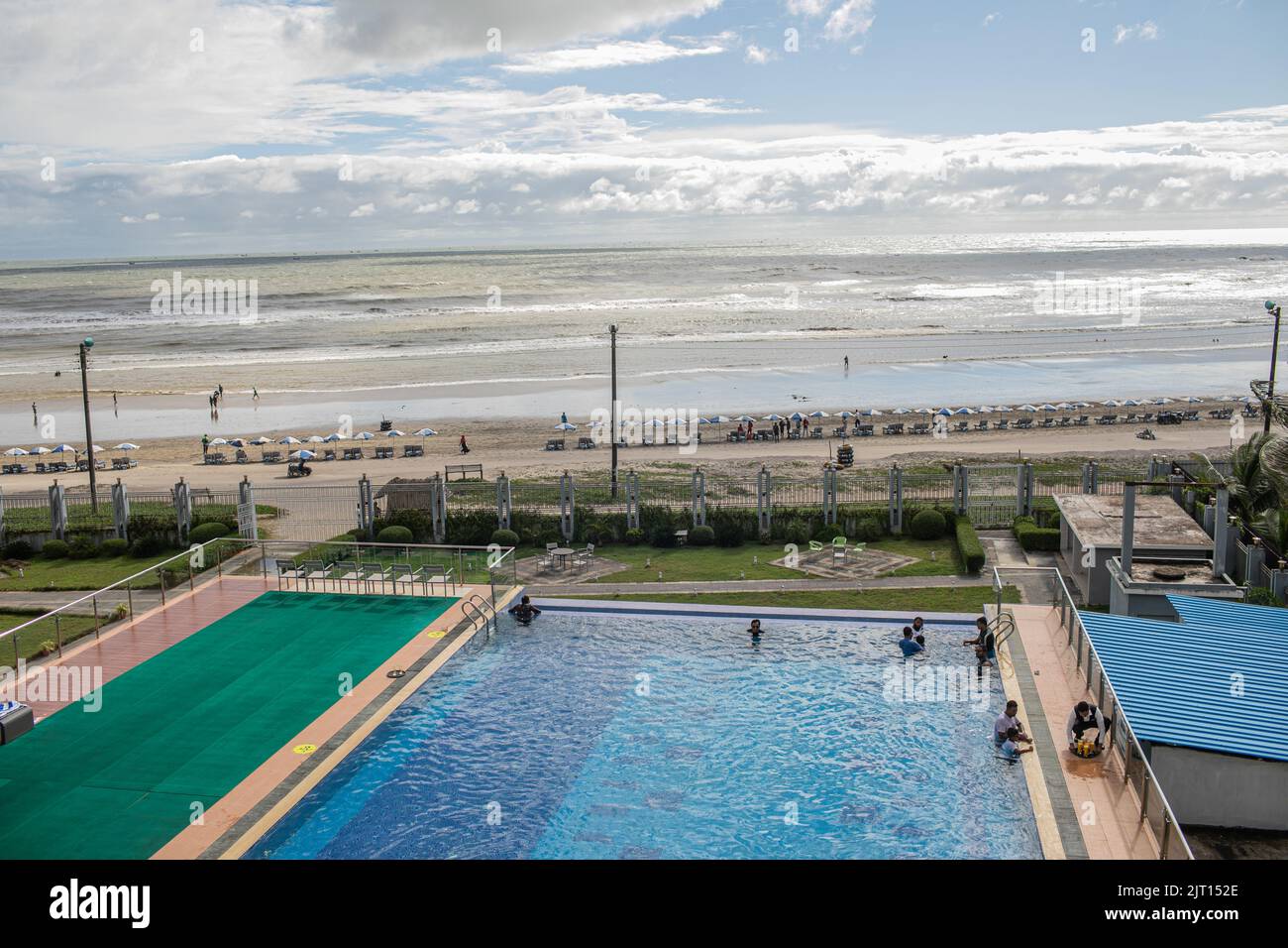 View of the Hotel Jol Torongo swimming pool near Cox's Bazar sea beach. Cox's Bazar sea beach is ...