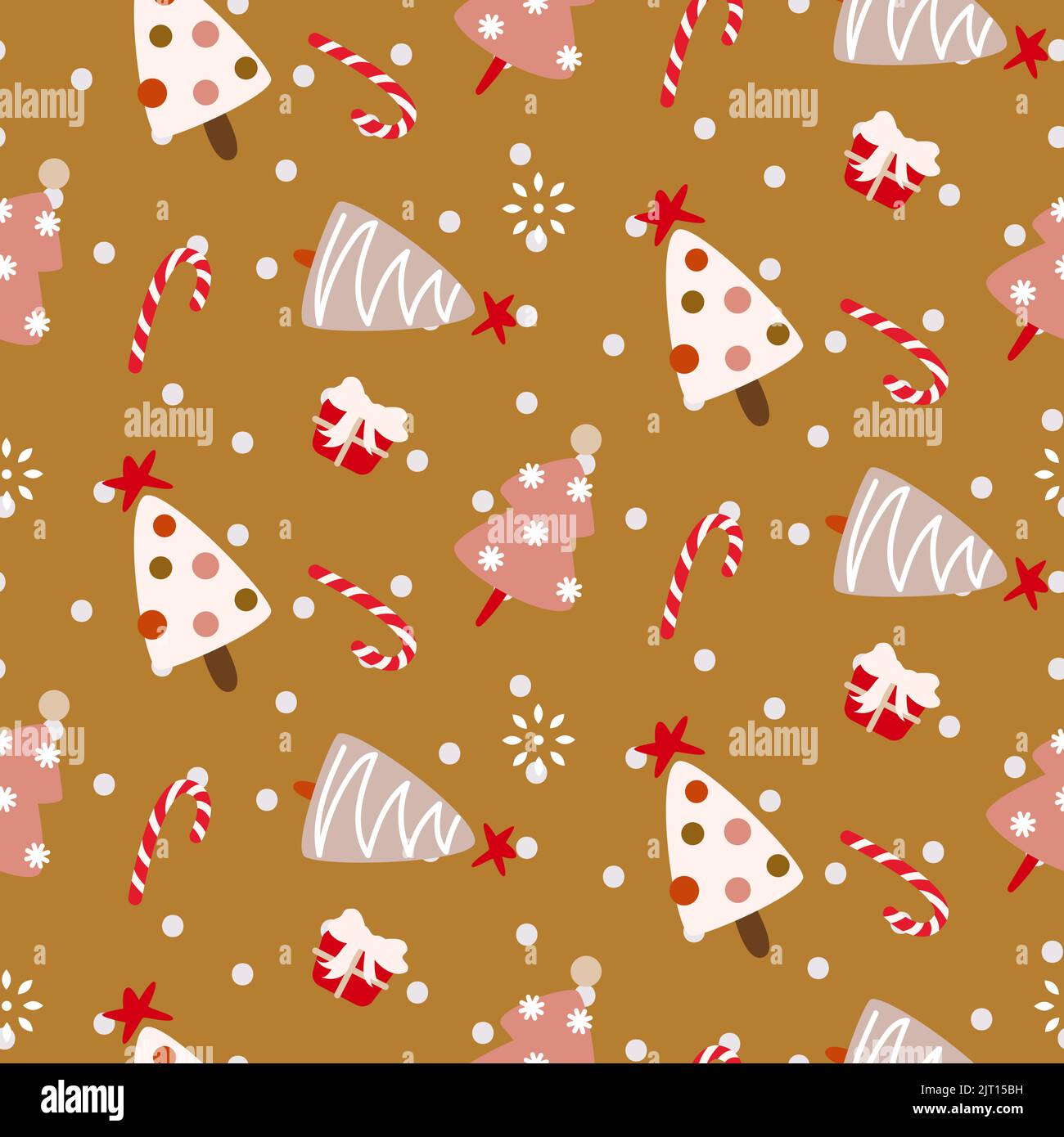 Christmas trees pink mustard seamless pattern. Xmas wrap paper ...