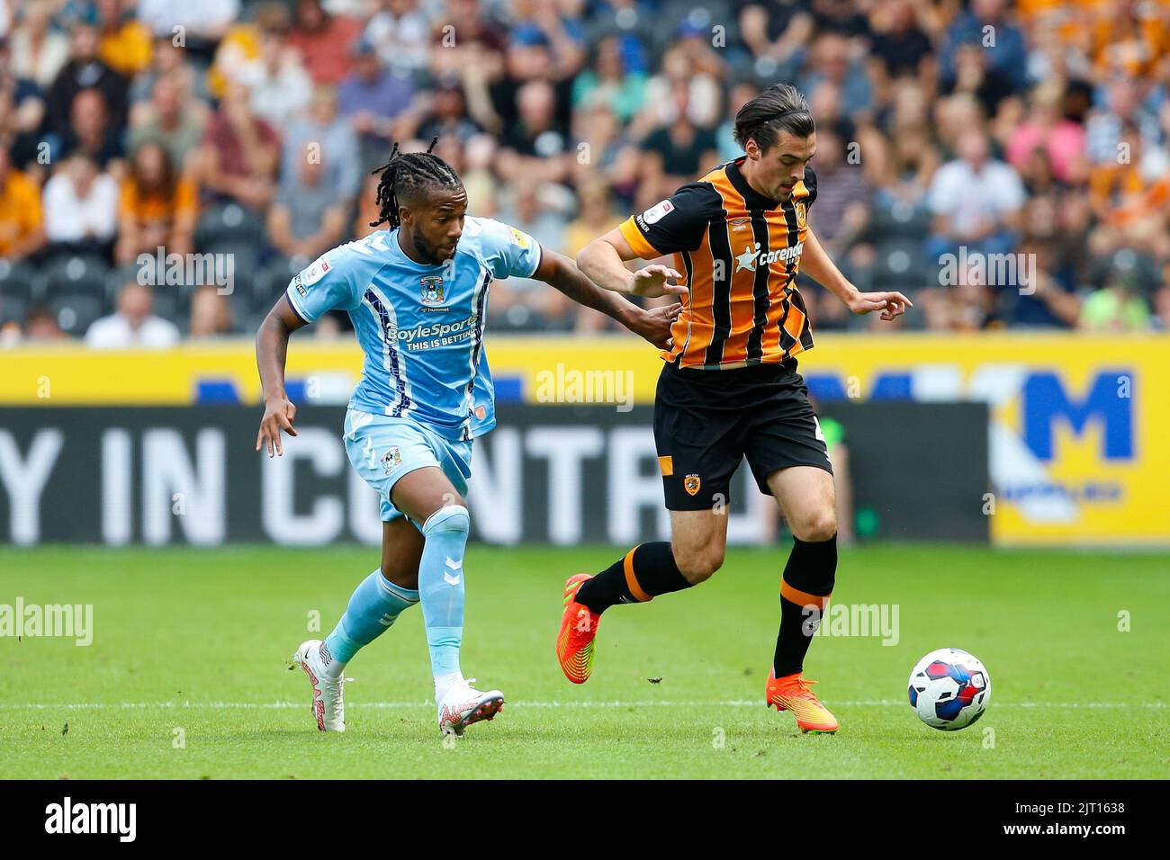 Kasey Palmer #45 of Coventry City and Jacob Greaves #4 of Hull City ...