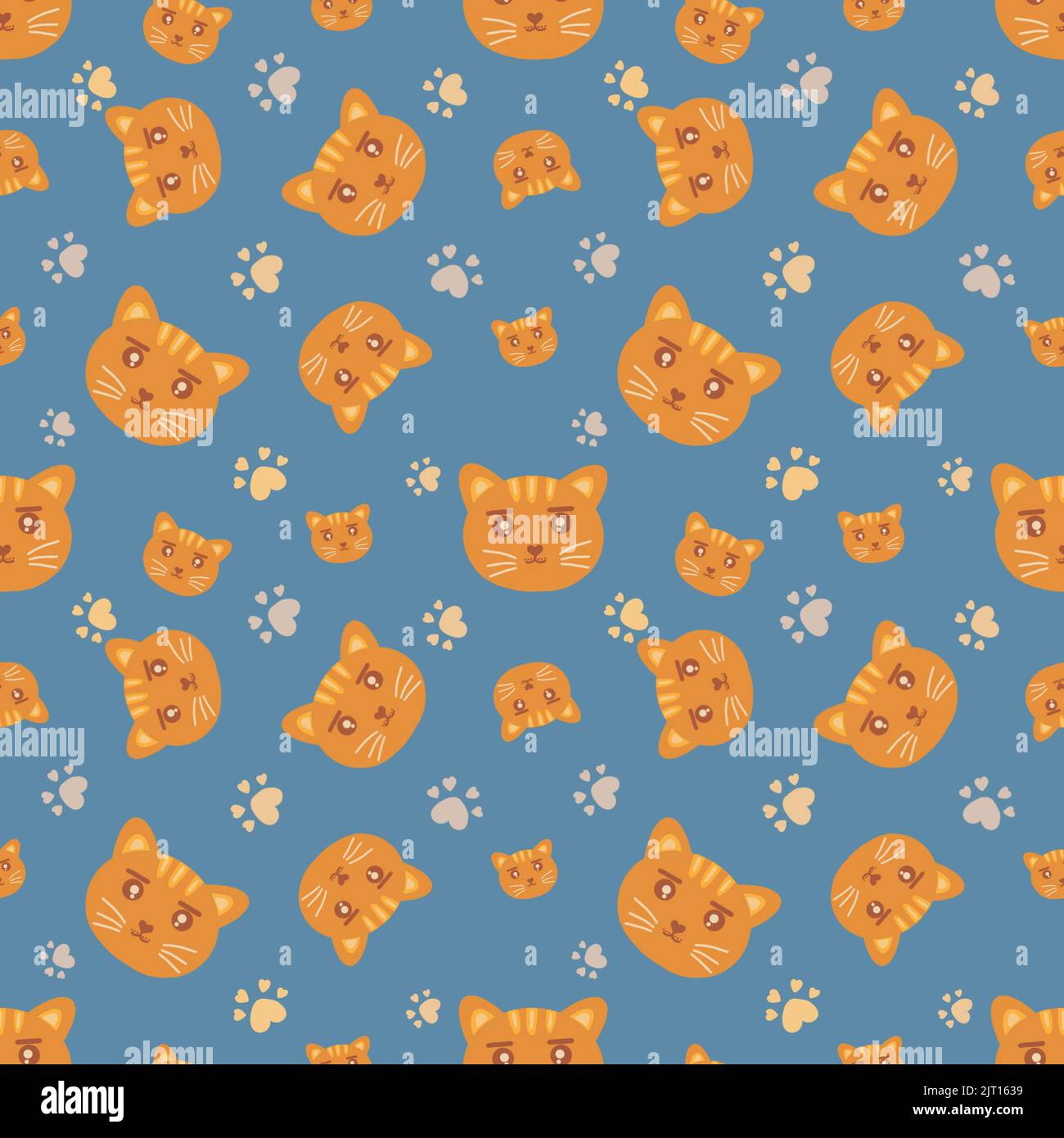 Seamless pattern with orange cat faces and cat paws. Creative childish ...
