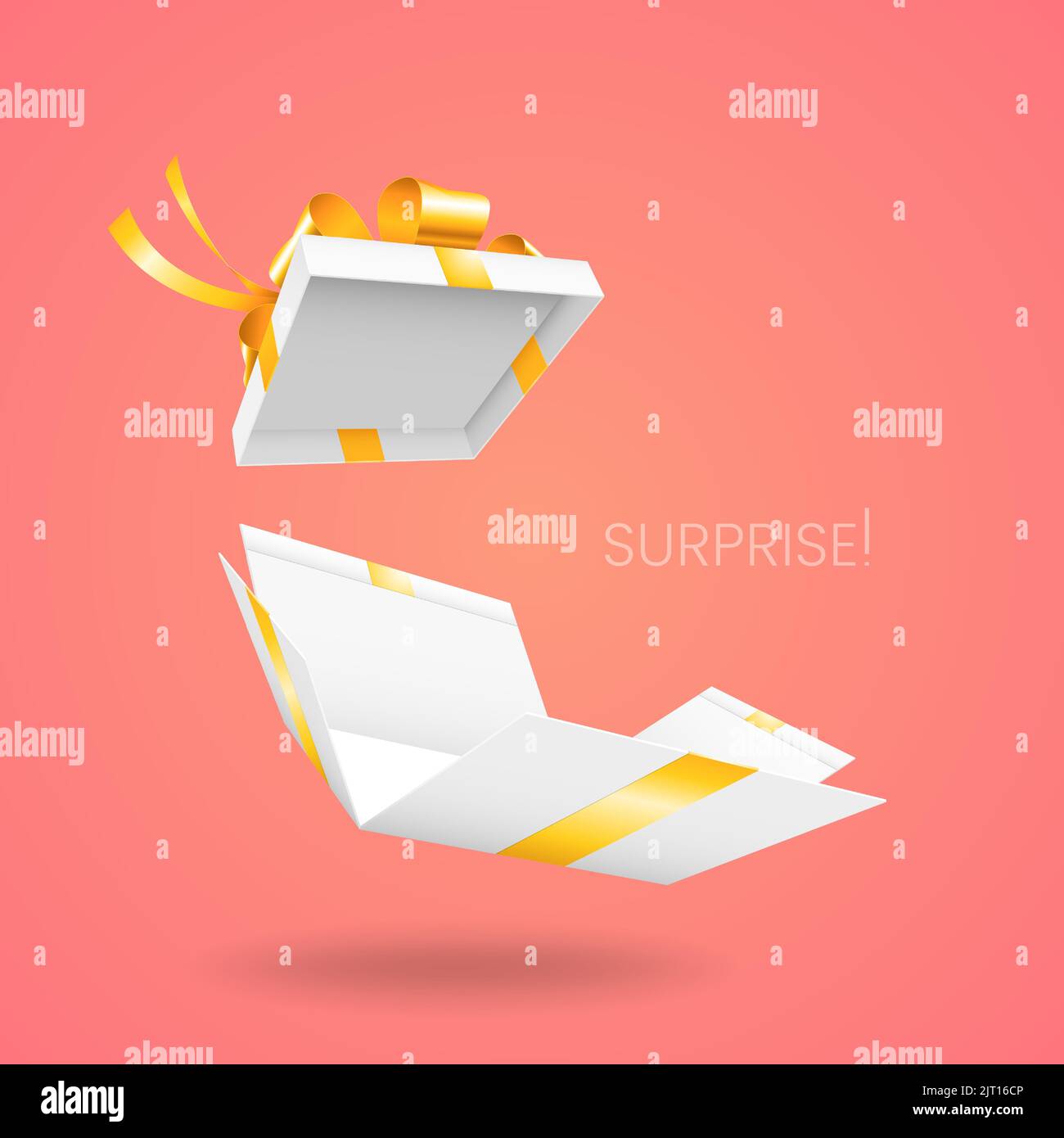 Open white gift box with golden ribbon is isolated on a red background ...