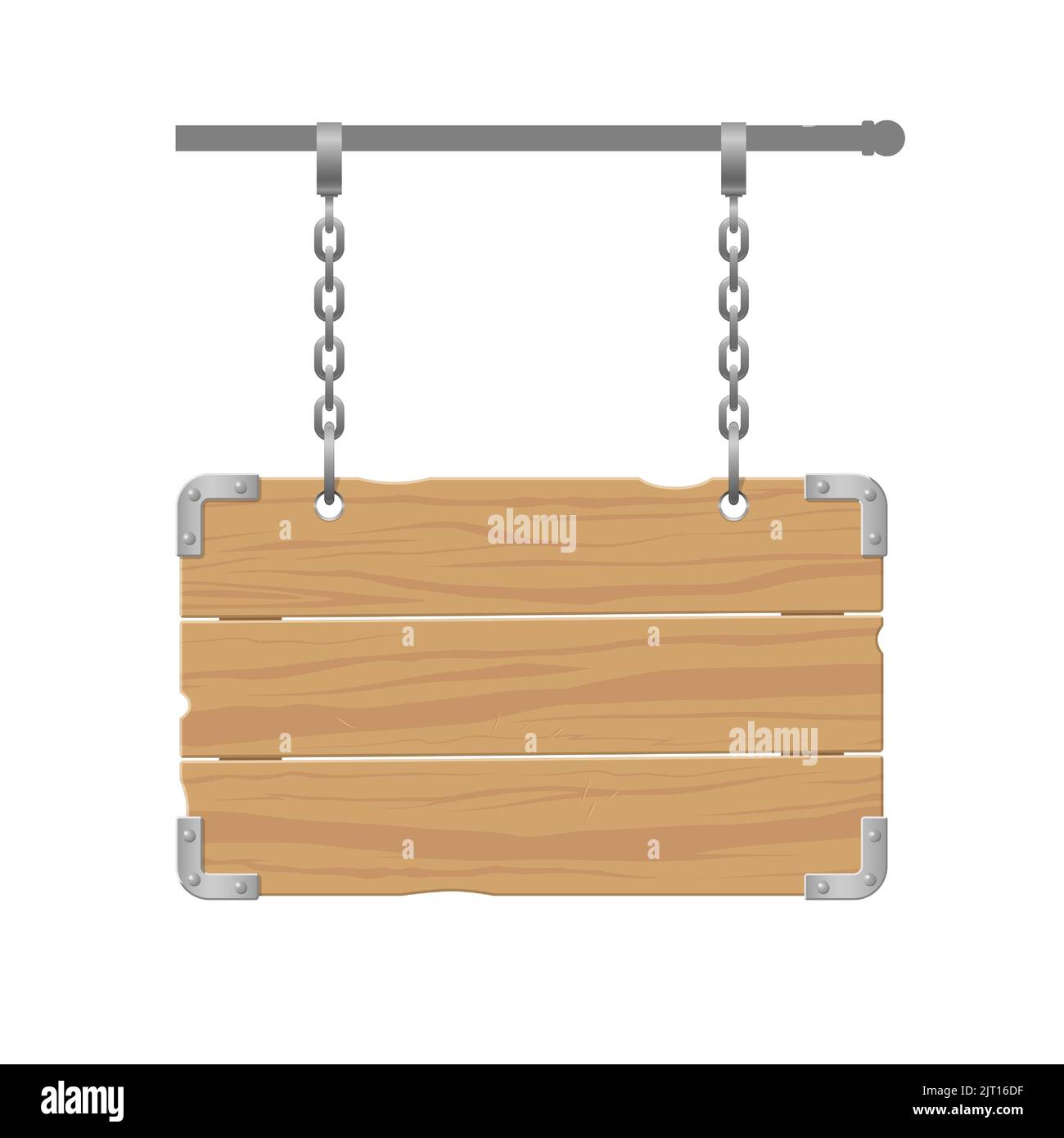 The wooden signboard with metal corners and rivets it hangs on chains ...