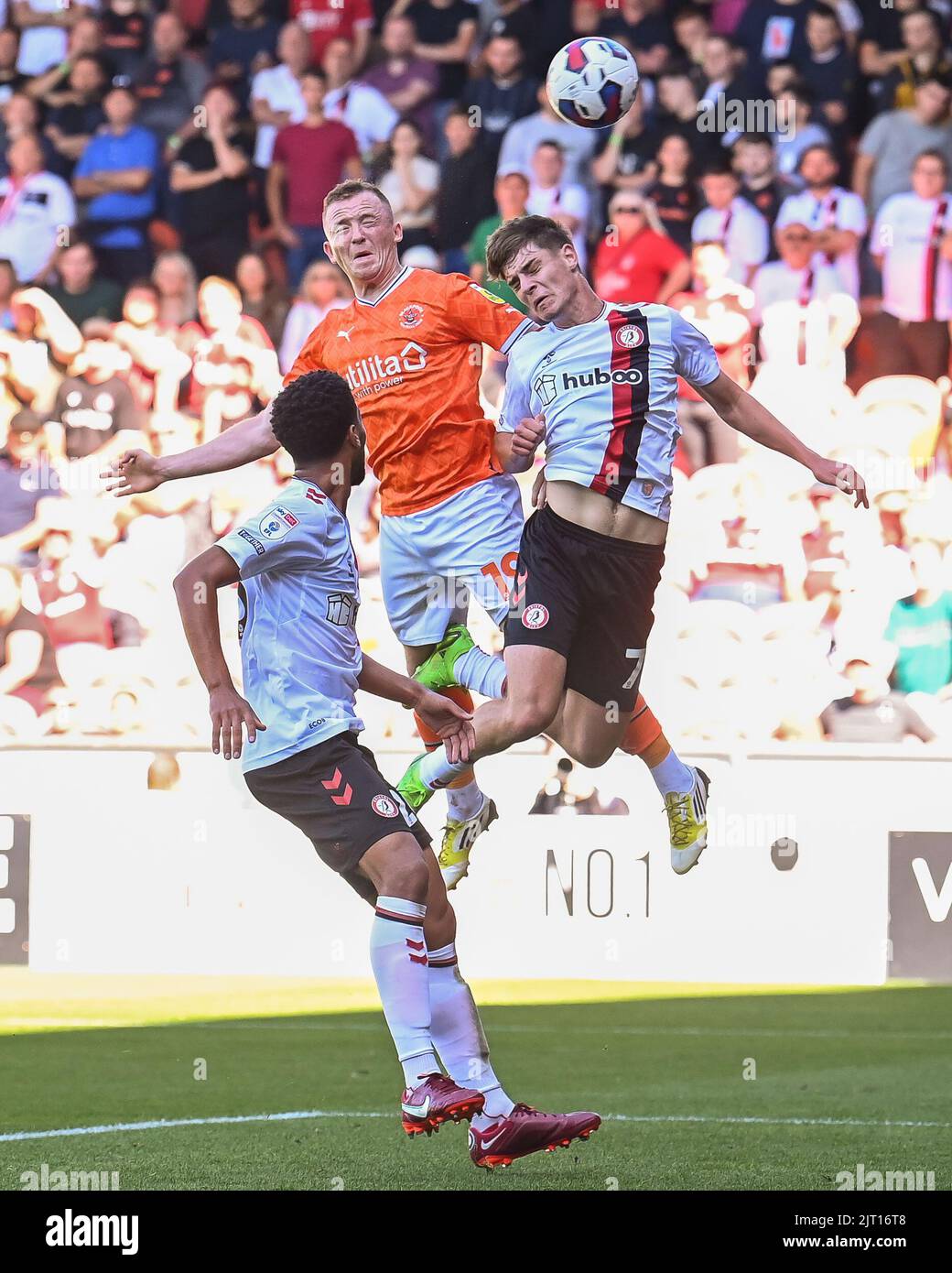 Shayne Lavery #19 of Blackpool wins the header on goal Stock Photo - Alamy