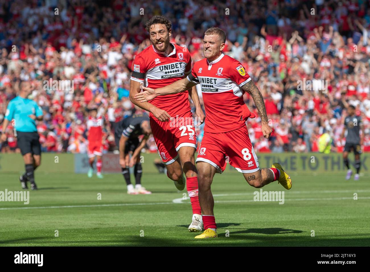 Riley McGree #8 of Middlesbrough celebrates his goal and makes the ...