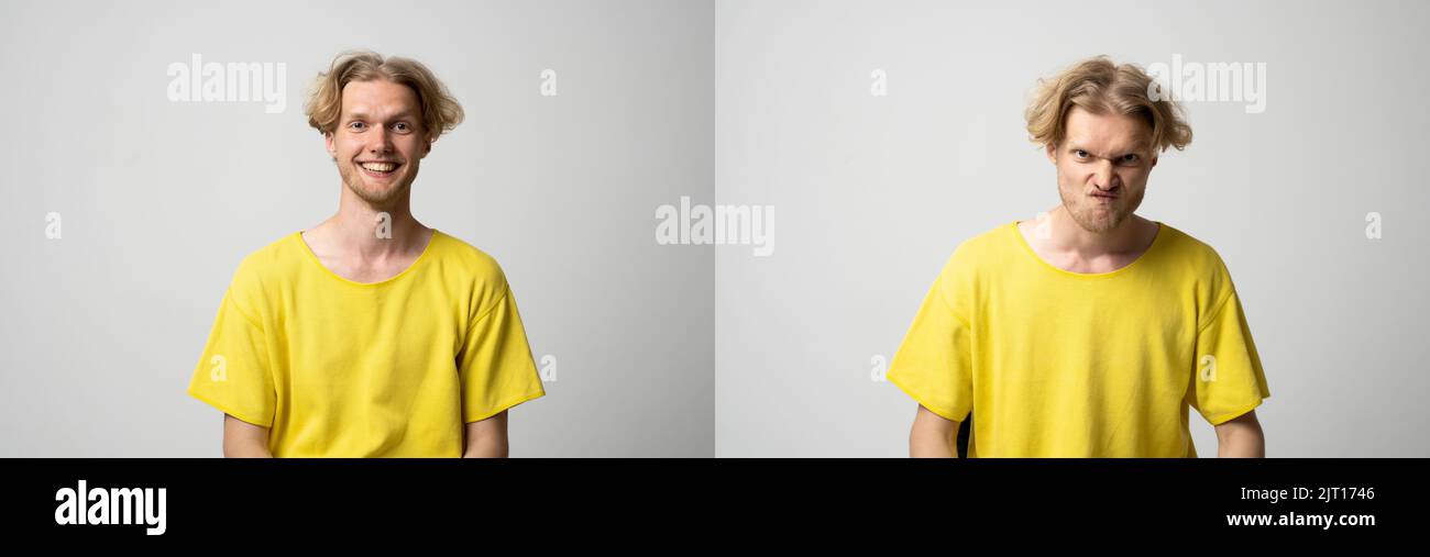 Set of two photo of handsome man with different emotions and gestures ...