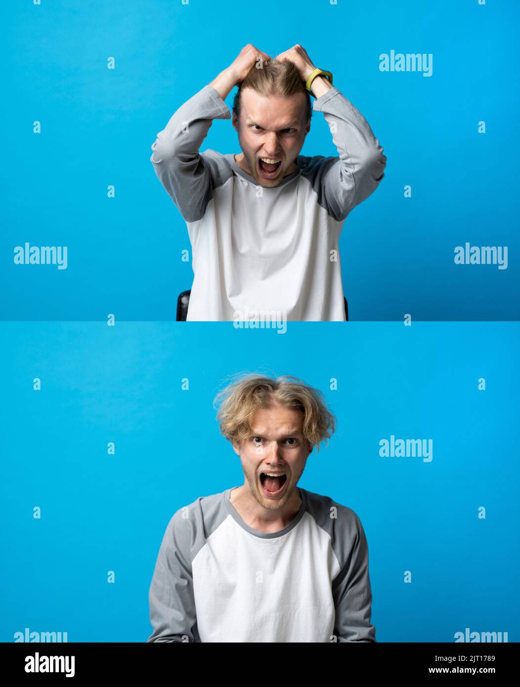 Screaming, hate, rage. Screaming emotional angry man screaming on white ...