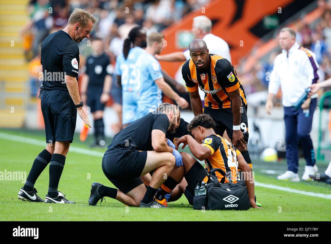 Vaughn Covil #49 of Hull City gets treatment on the pitch Stock Photo ...