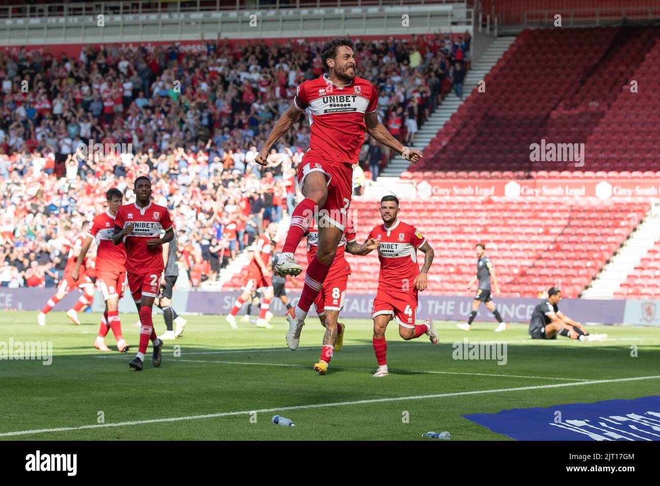 Matt Crooks #25 of Middlesbrough jumps up and pumps his fist to the ...