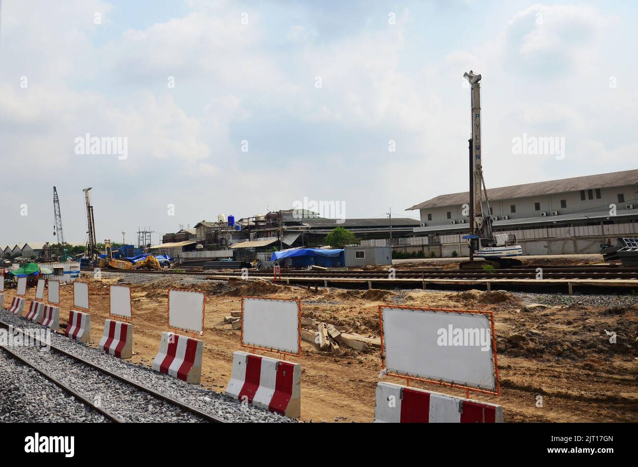 Asian labor people and thai labour workers use machine and heavy ...