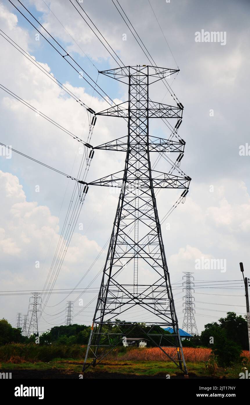 View landscape countryside with high voltage utility pole column for ...