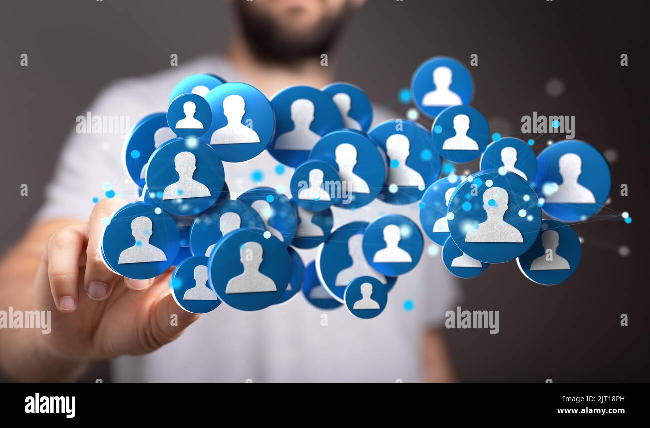 A 3D rendering of a businessman's hand tapping floating people icons Stock Photo - Alamy
