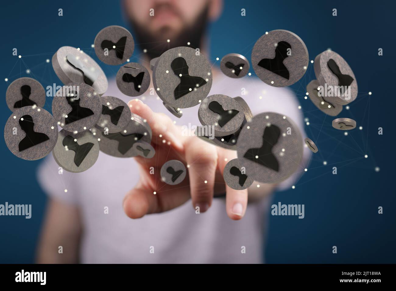 A 3D rendering of a businessman's hand tapping floating people icons Stock Photo - Alamy