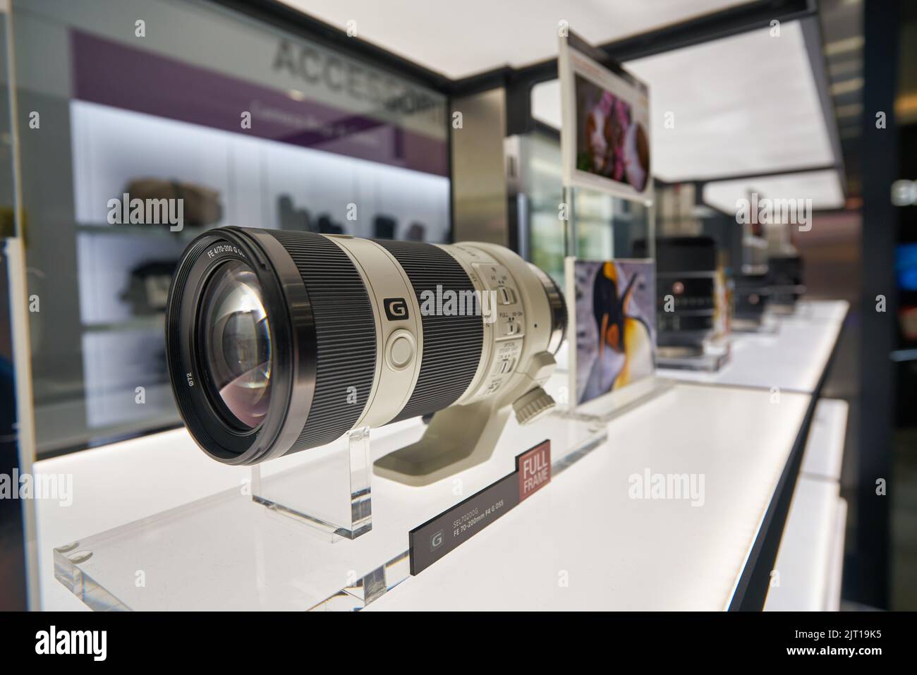SINGAPORE - CIRCA JANUARY, 2020: lens on display at Sony Store in ...