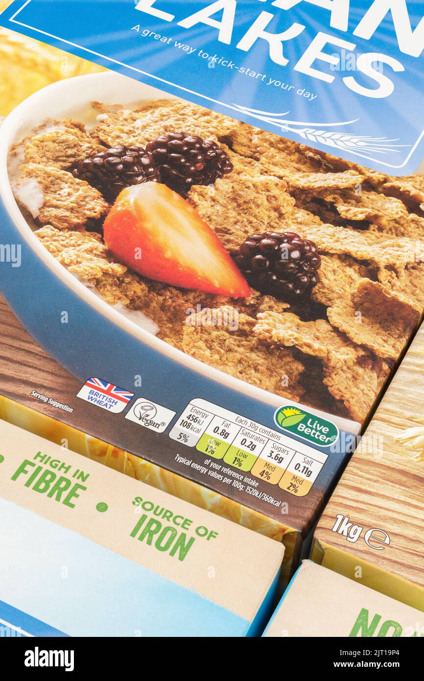Shot of ASDA own-label bran flakes breakfast cereal carton. For British ...