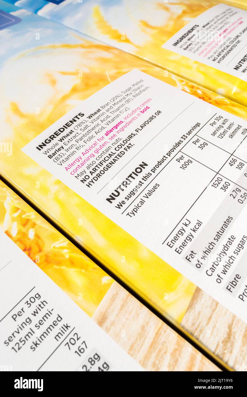 Close shot food ingredient / nutrition labelling on ASDA own-label bran ...