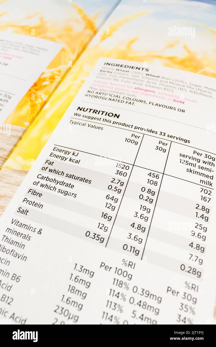 Close shot food ingredient / nutrition labelling on ASDA own-label bran ...