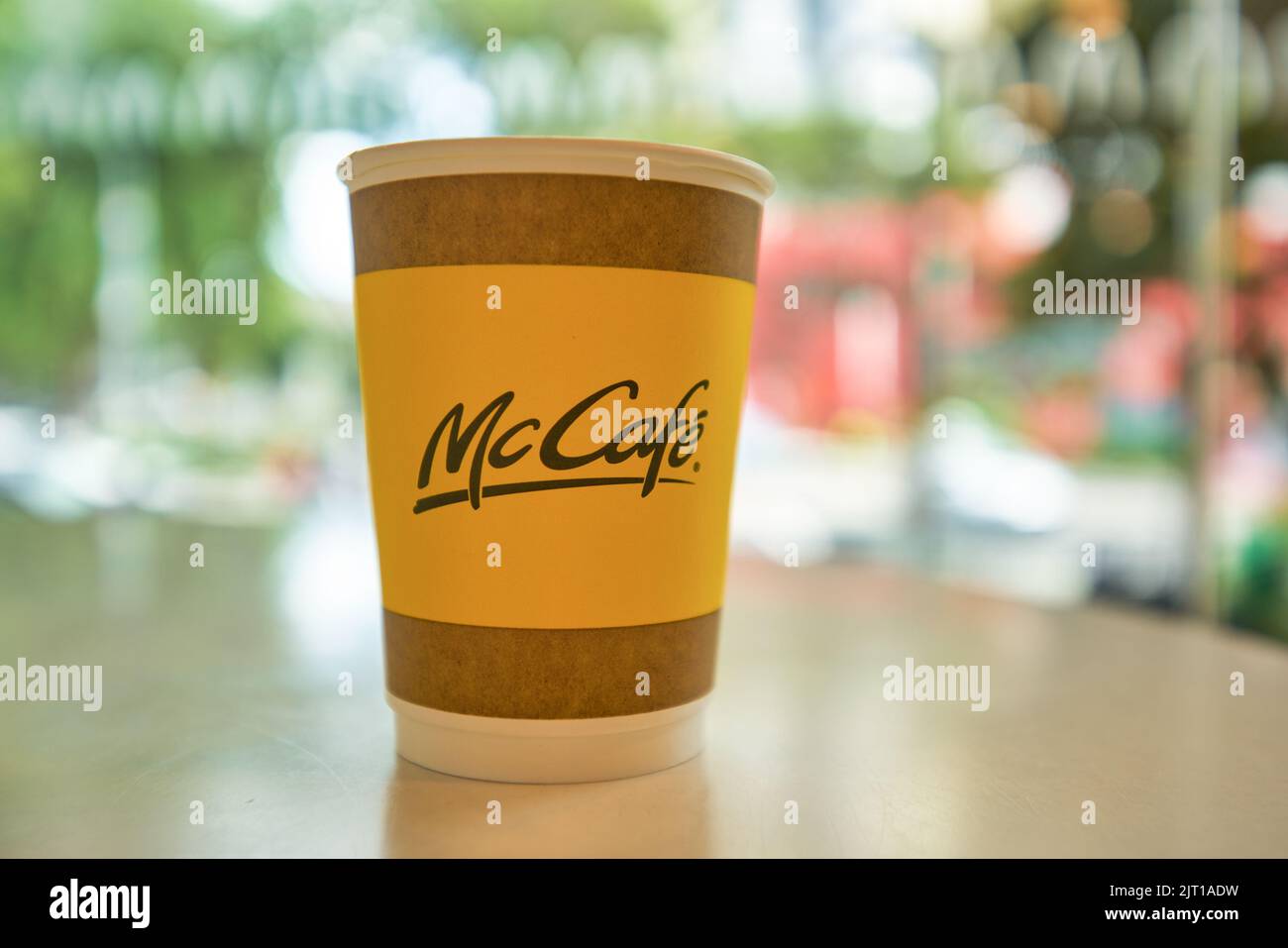 SINGAPORE - JANUARY 19, 2020: close up shot of McCafe branded paper cup ...