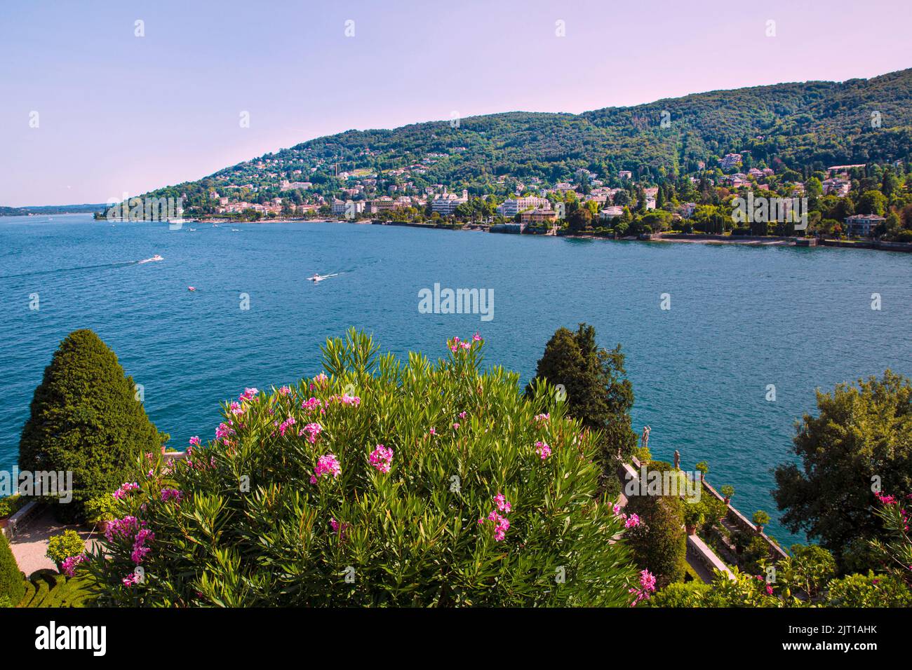 View from Isola Bella island to beautiful Maggiore island in Italy ...
