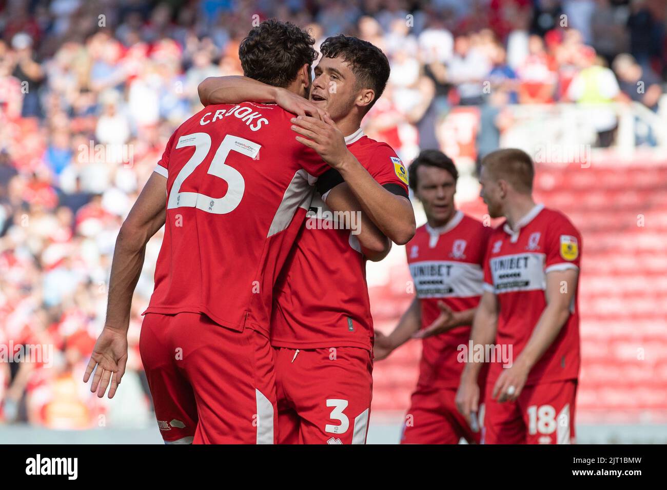 Matt Crooks #25 of Middlesbrough celebrates his goal with Ryan Giles ...