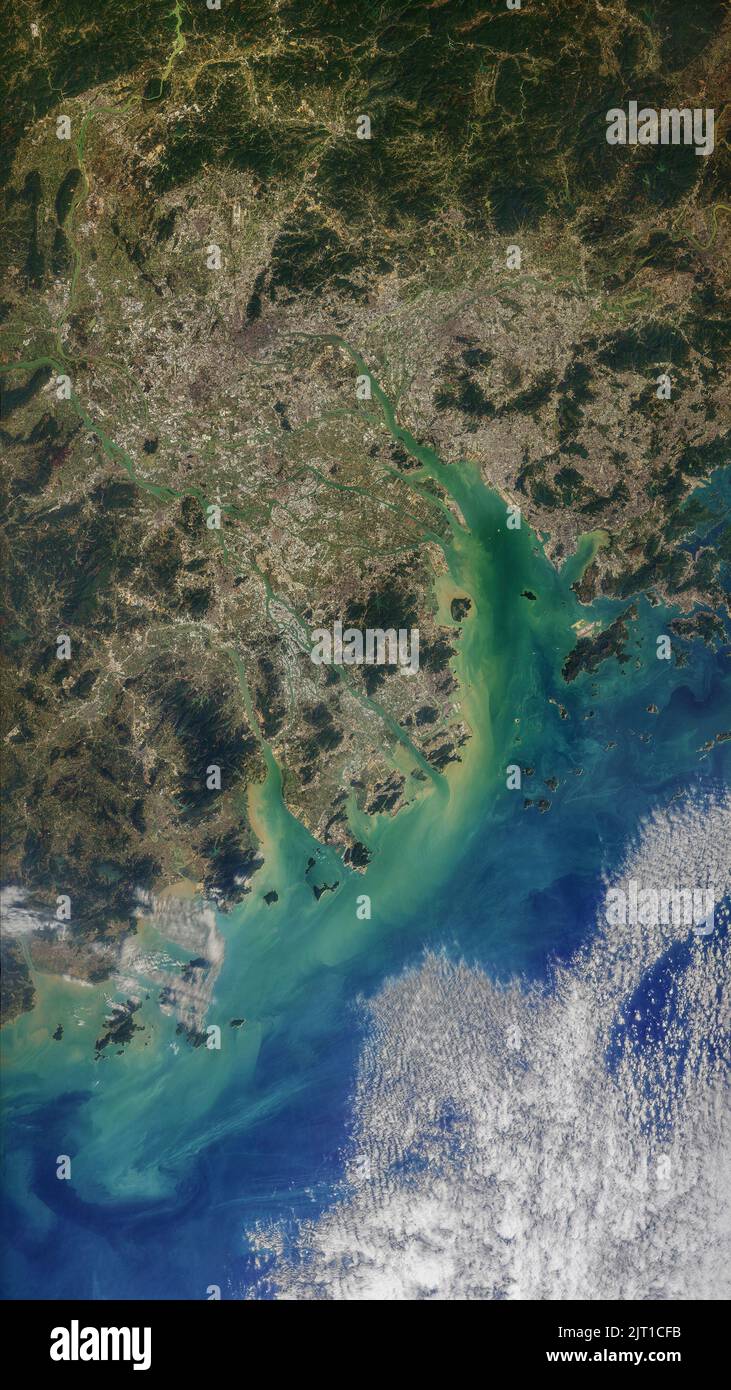 Aerial of the Pearl River estuary as it flows into the South China Sea ...
