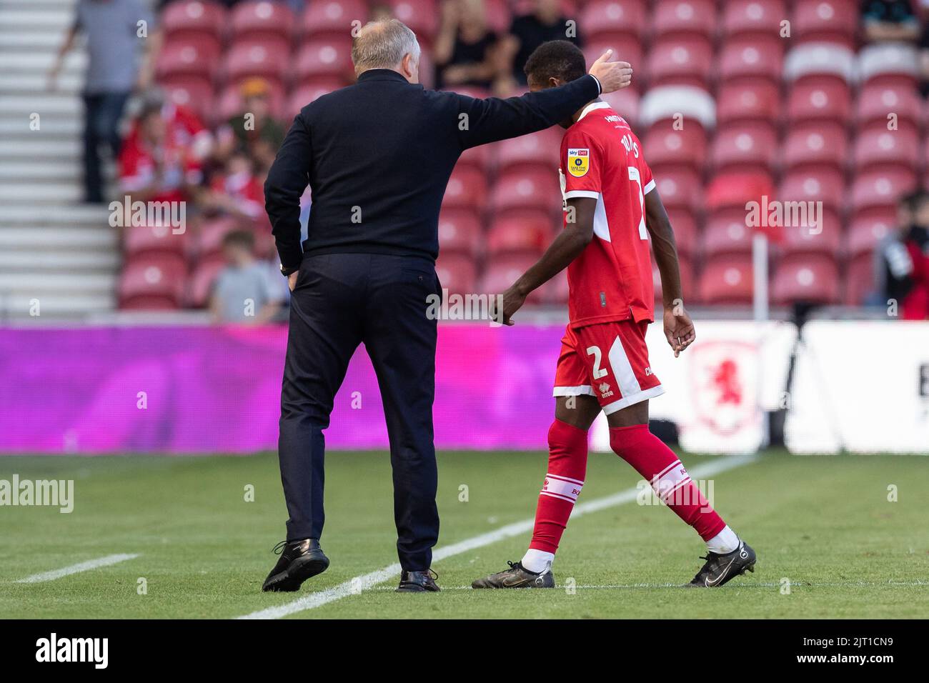 Chris Wilder manager of Middlesbrough shepherds Isaiah Jones #2 off the ...
