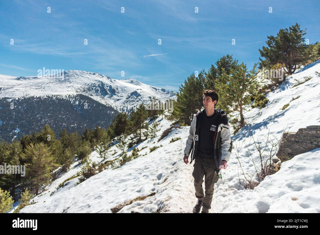 Caucasian man walking in the middle of a snowy of a pine forest Stock ...