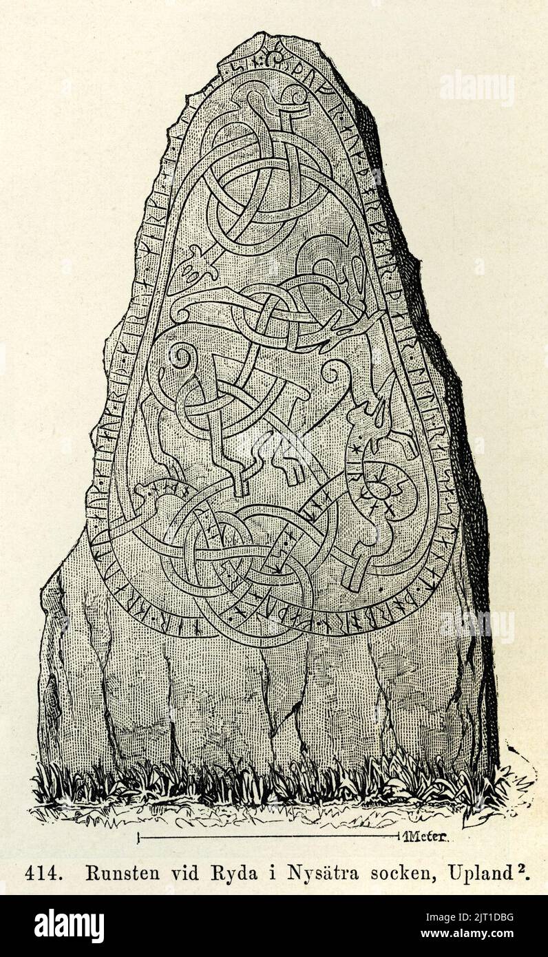 Runsten vid Ryda, Nysätra sn, Uppland (Montelius 1877 s357 fig414 Stock ...