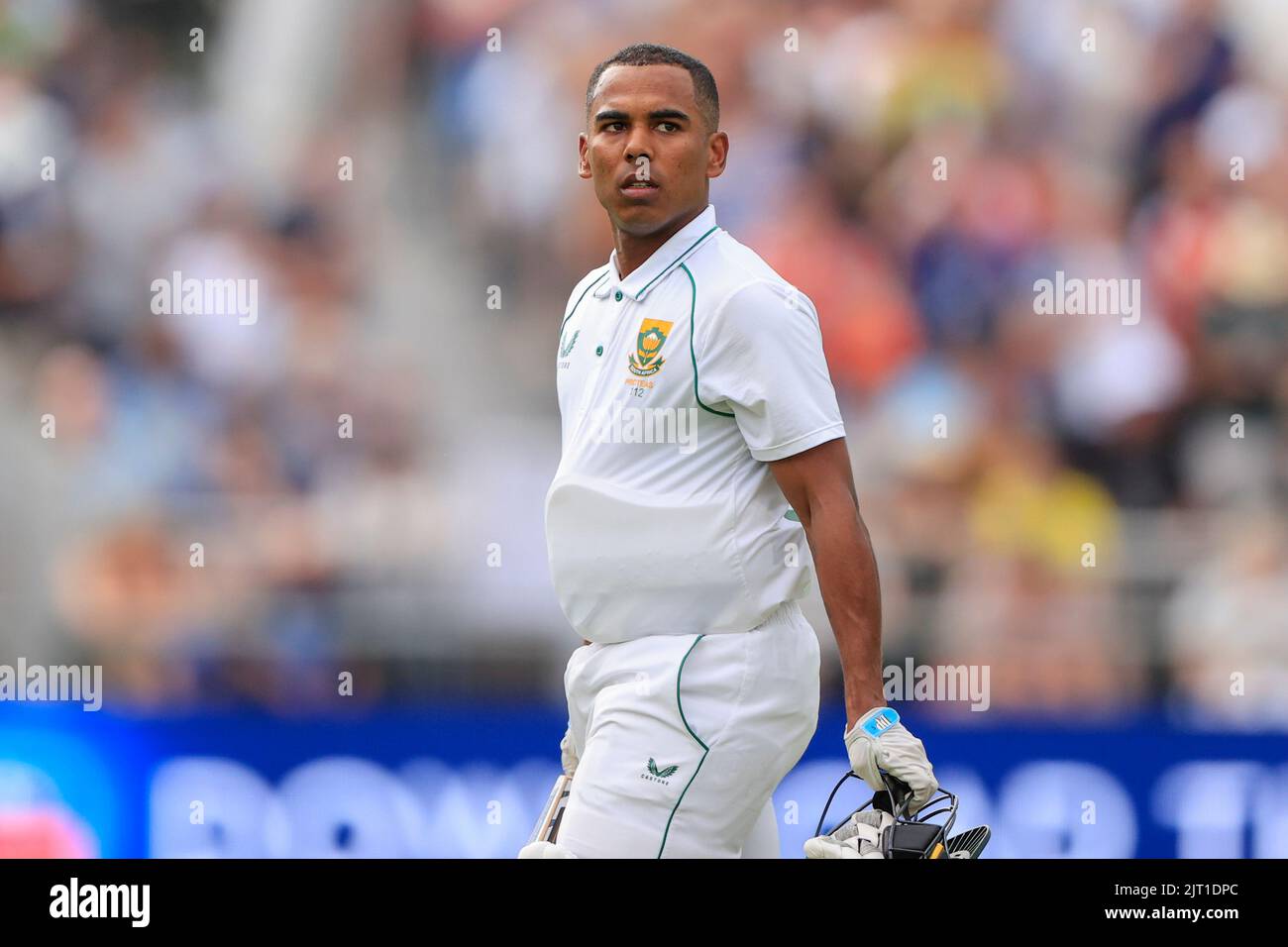 Manchester, UK. 27th Aug, 2022. Keegan Petersen of South Africa is out for 42 runs in Manchester ...