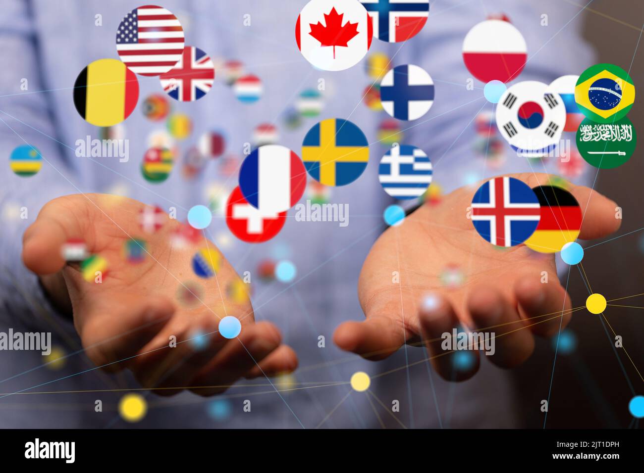 A 3D rendering of floating national flags of the world in the ...