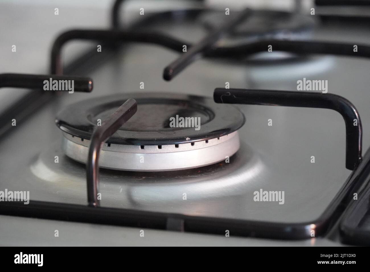 Closeup of cooker gas hob, domestic kitchen stove top, gas cooker Stock ...