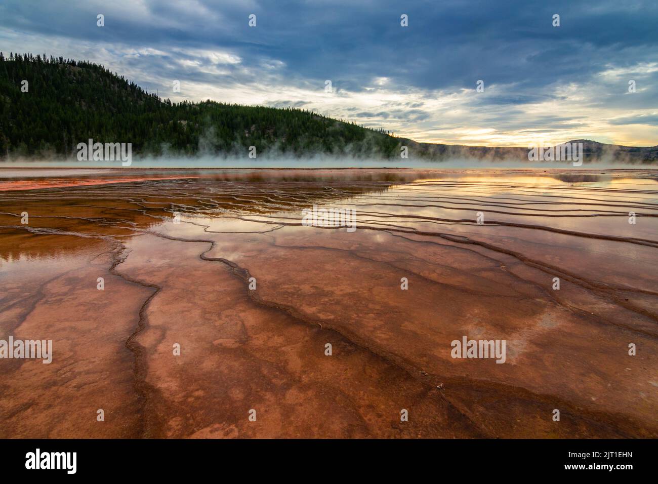 The shallow ridged pools surrounding Grand Prismatic Spring reflect the ...