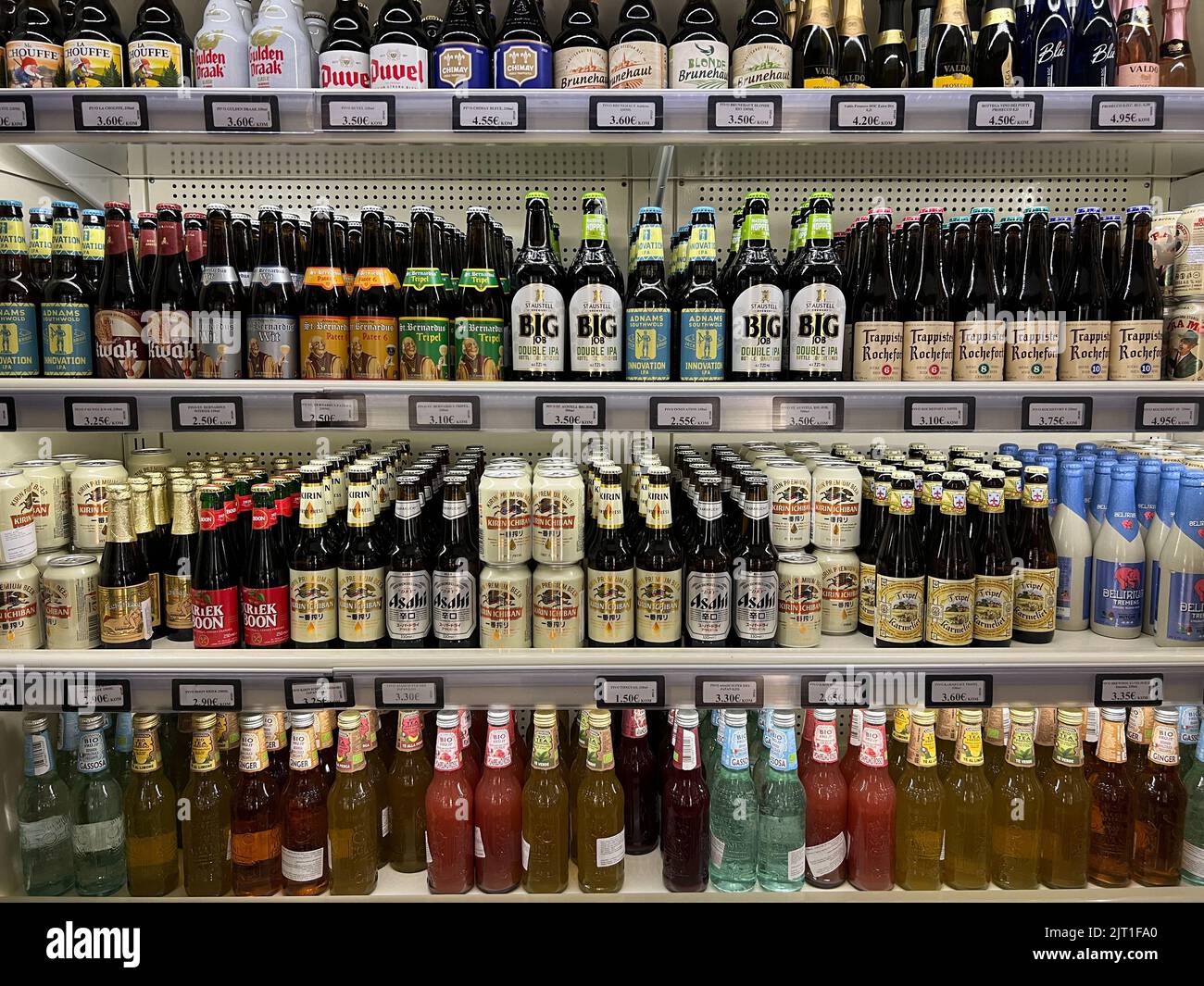 Budva, Montenegro - 01.08.22: Large selection of low-alcohol drinks and ...