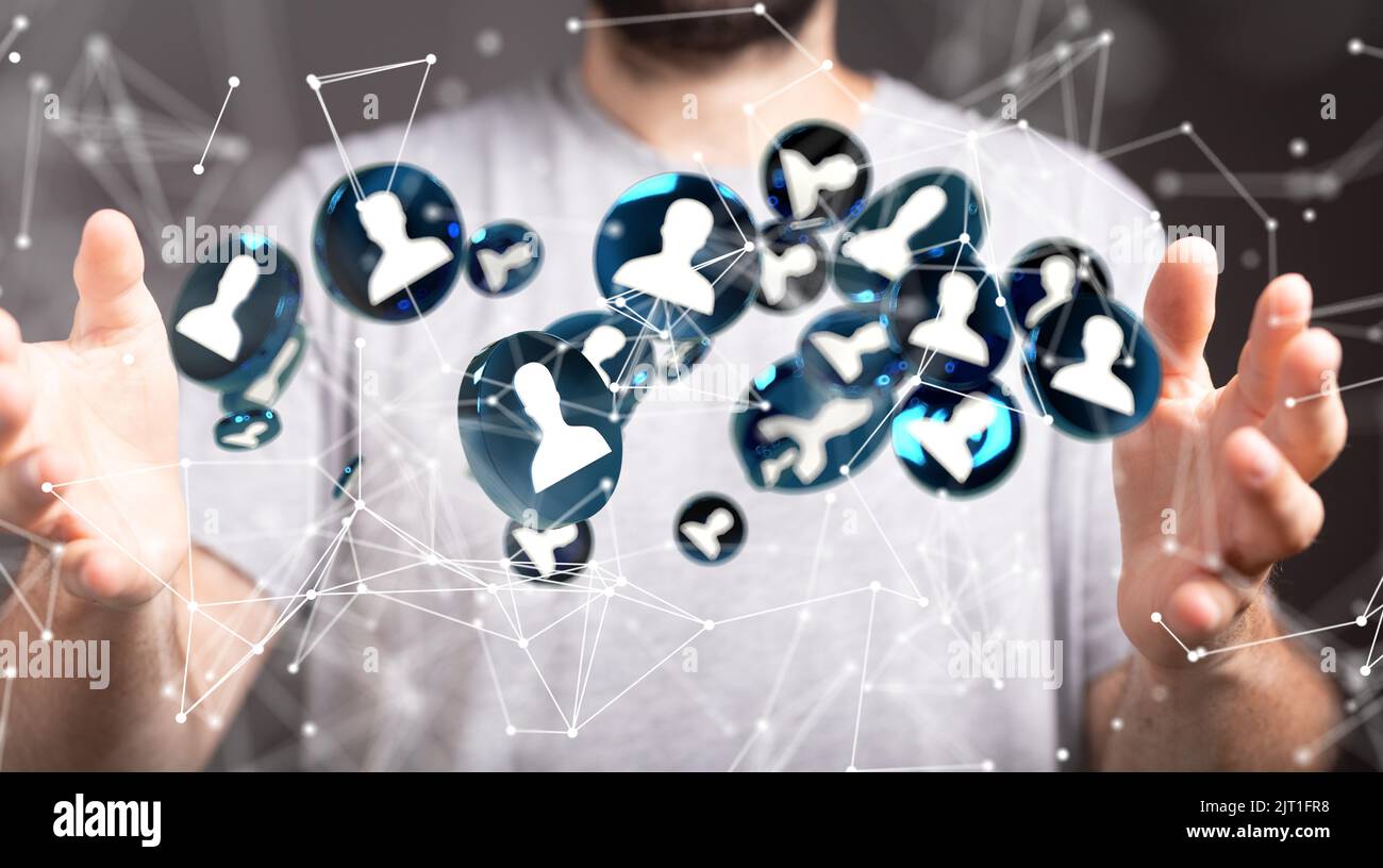 3D rendering of networking human icons floating in air with hand ...