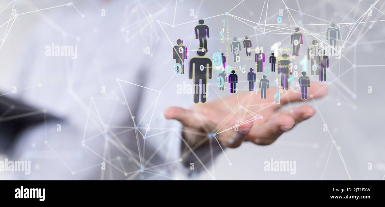 3D rendering of networking human icons floating in air with hand ...