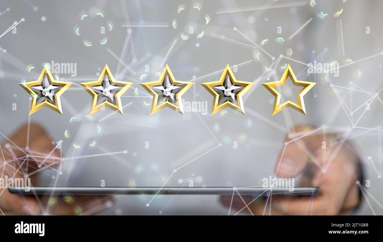 A 3d rendering of golden five stars coming out from a tablet Stock ...