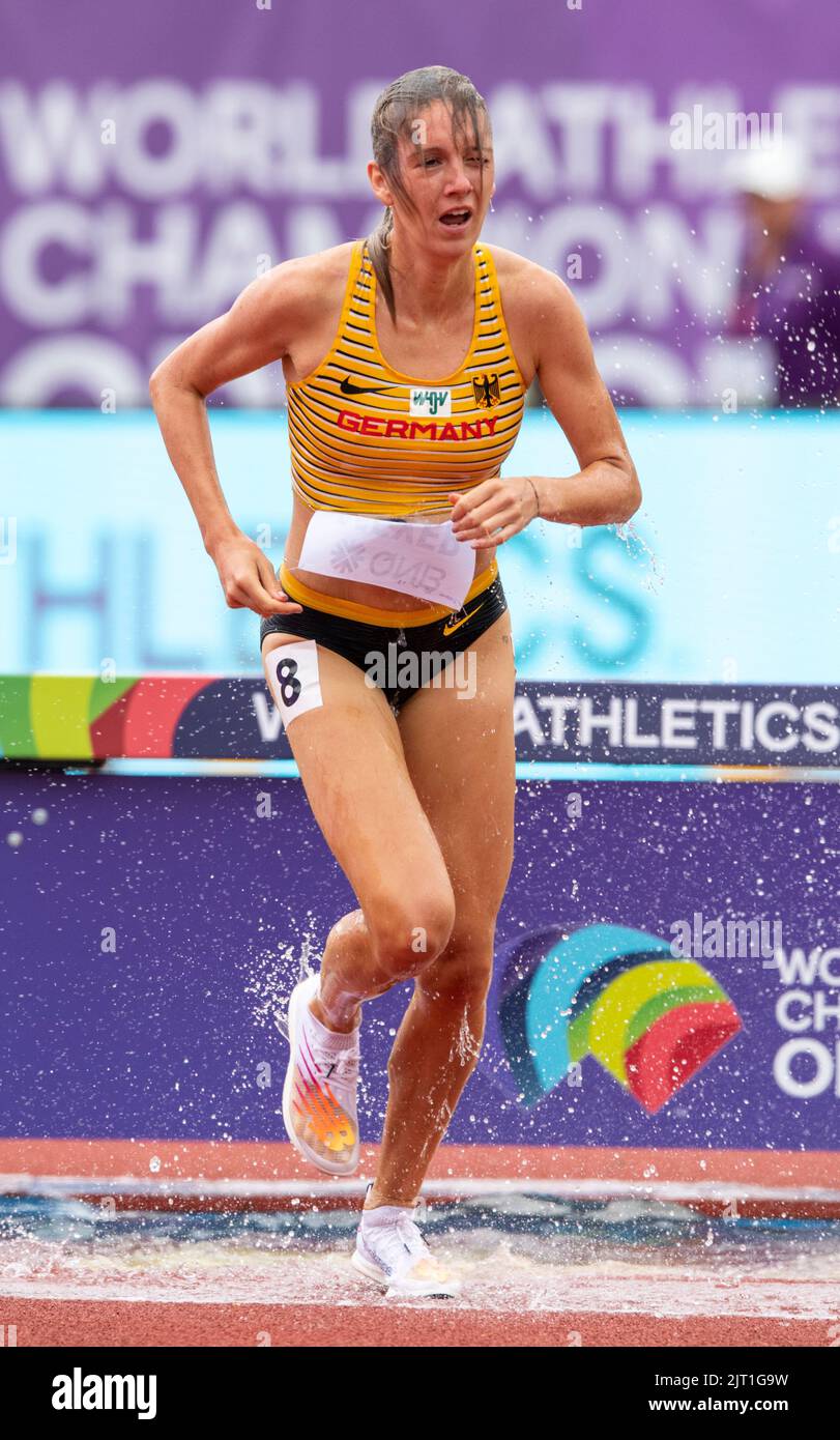 Lea Meyer of Germany competing in the women’s 3000m steeplechase heats at the World Athletics ...