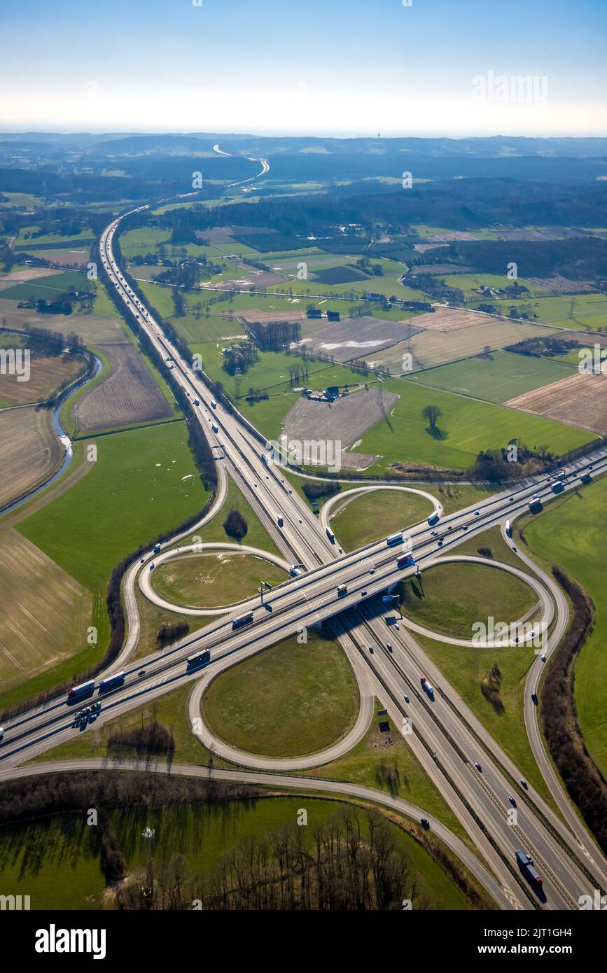 Aerial view, freeway junction Lotte / Osnabrück, freeway A1 and freeway ...
