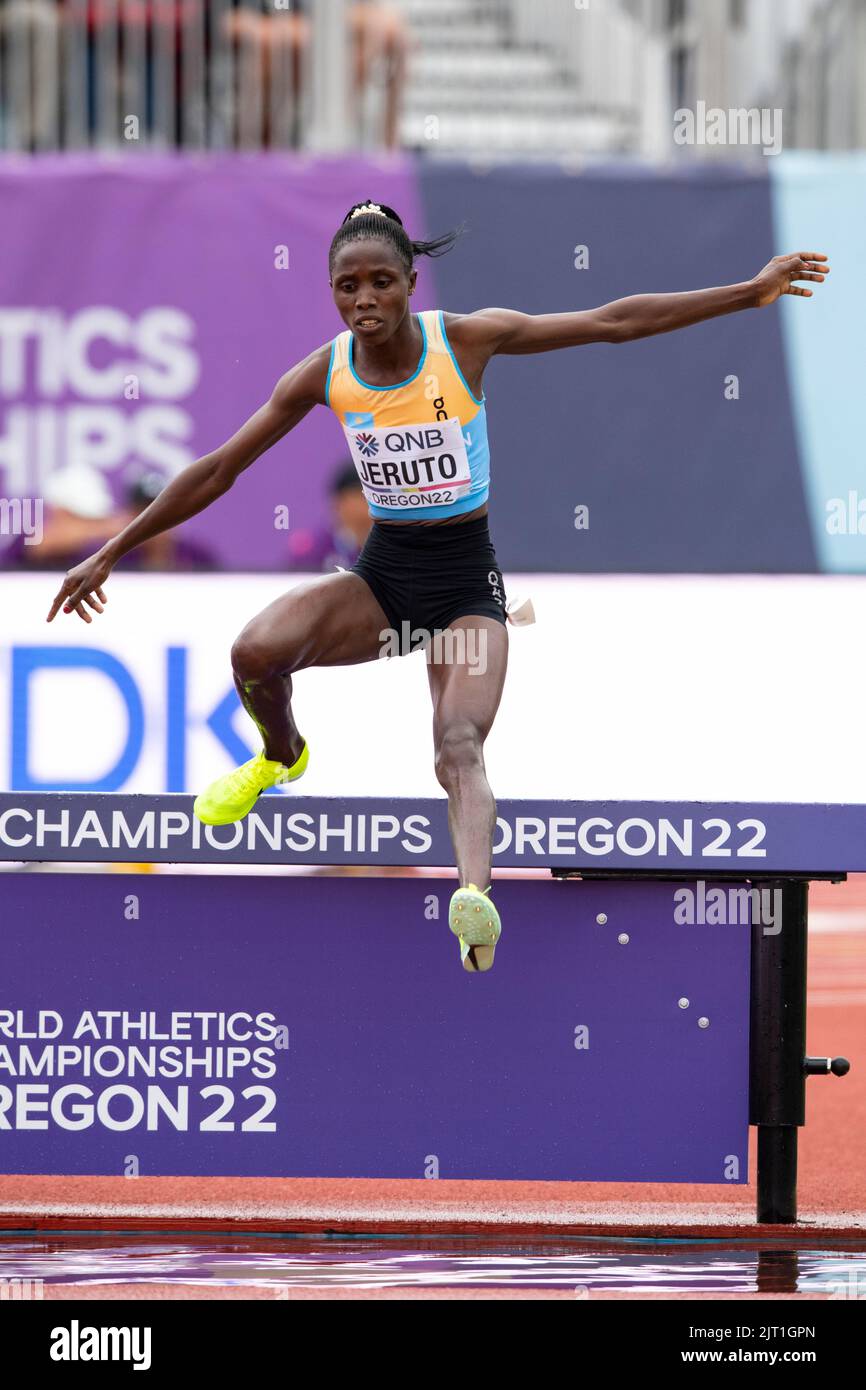 Norah Jeruto of Kazakhstan competing in the women’s 3000m steeplechase ...