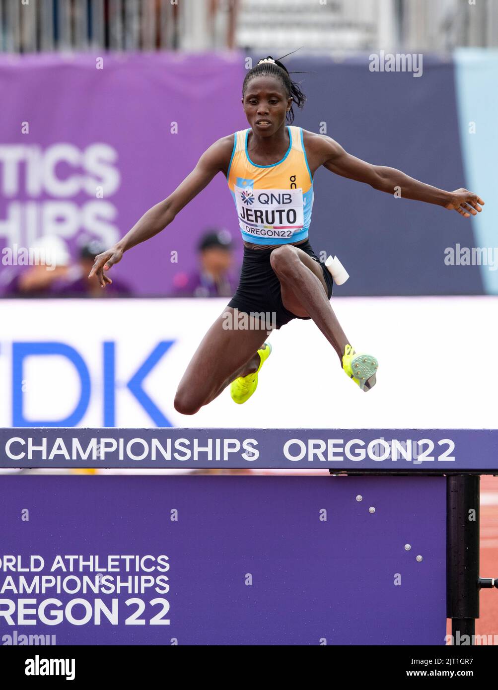 Norah Jeruto of Kazakhstan competing in the women’s 3000m steeplechase ...