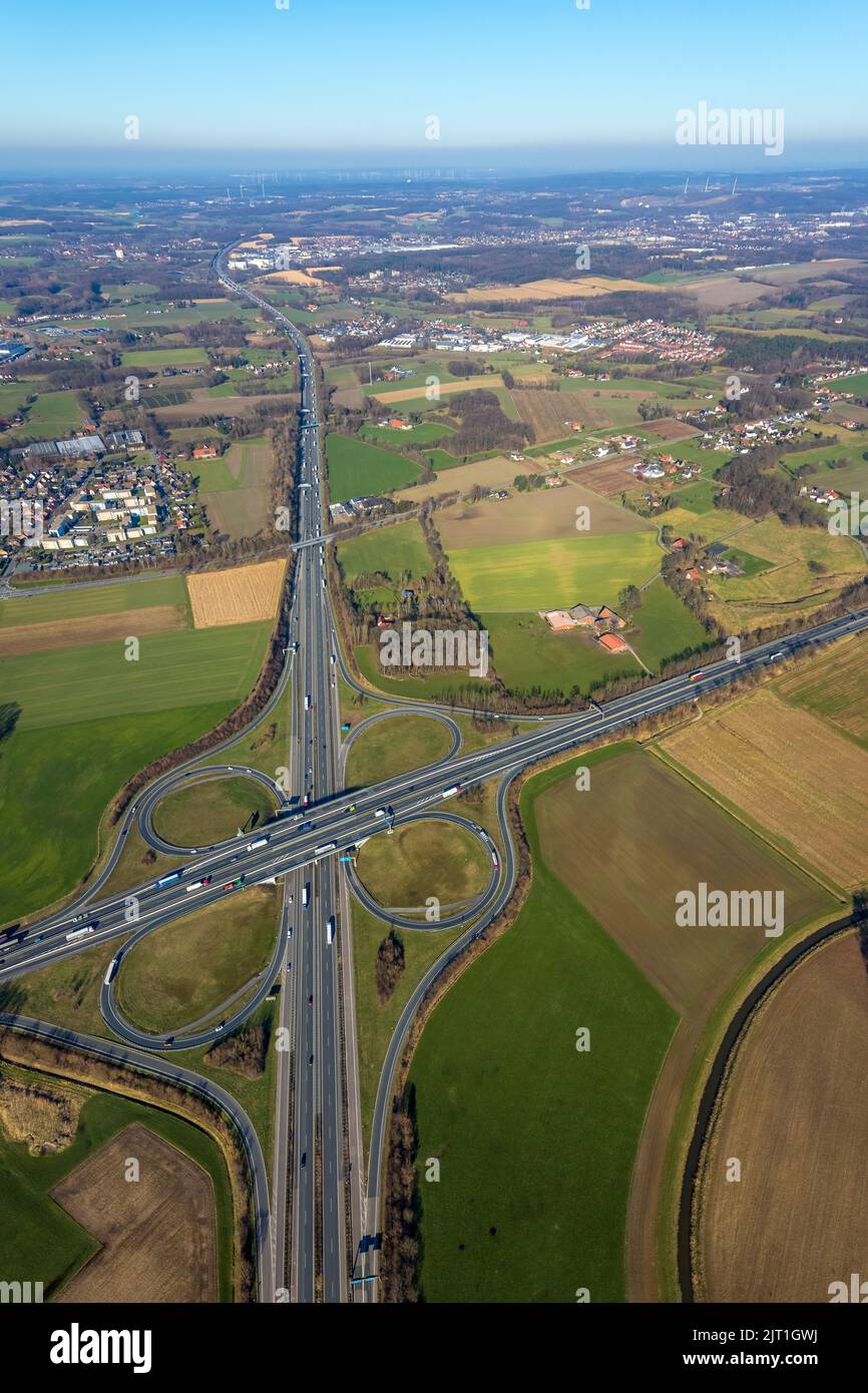 Aerial view, freeway junction Lotte / Osnabrück, freeway A1 and freeway ...