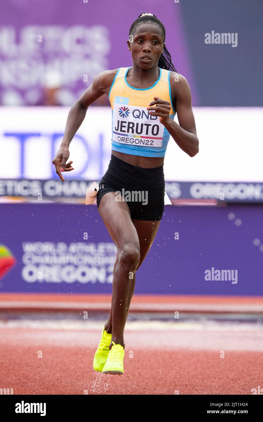 Norah Jeruto of Kazakhstan competing in the women’s 3000m steeplechase ...