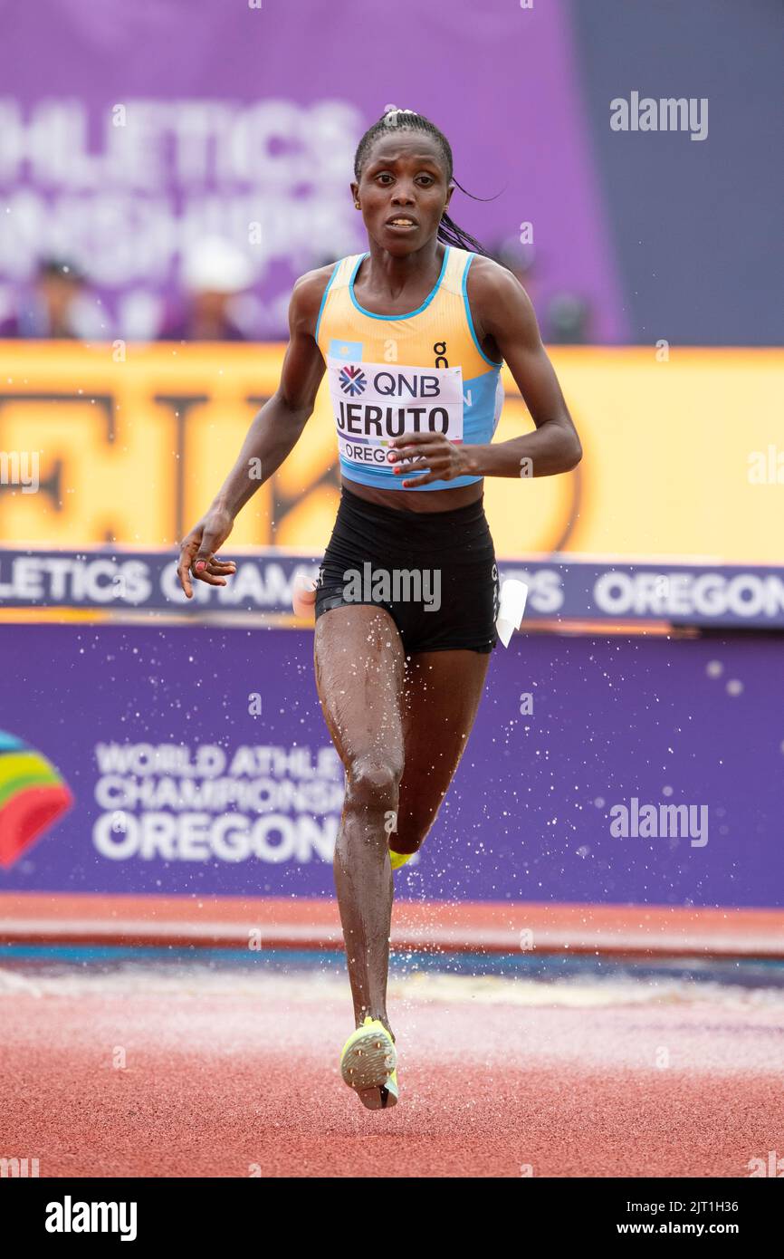 Norah Jeruto of Kazakhstan competing in the women’s 3000m steeplechase ...