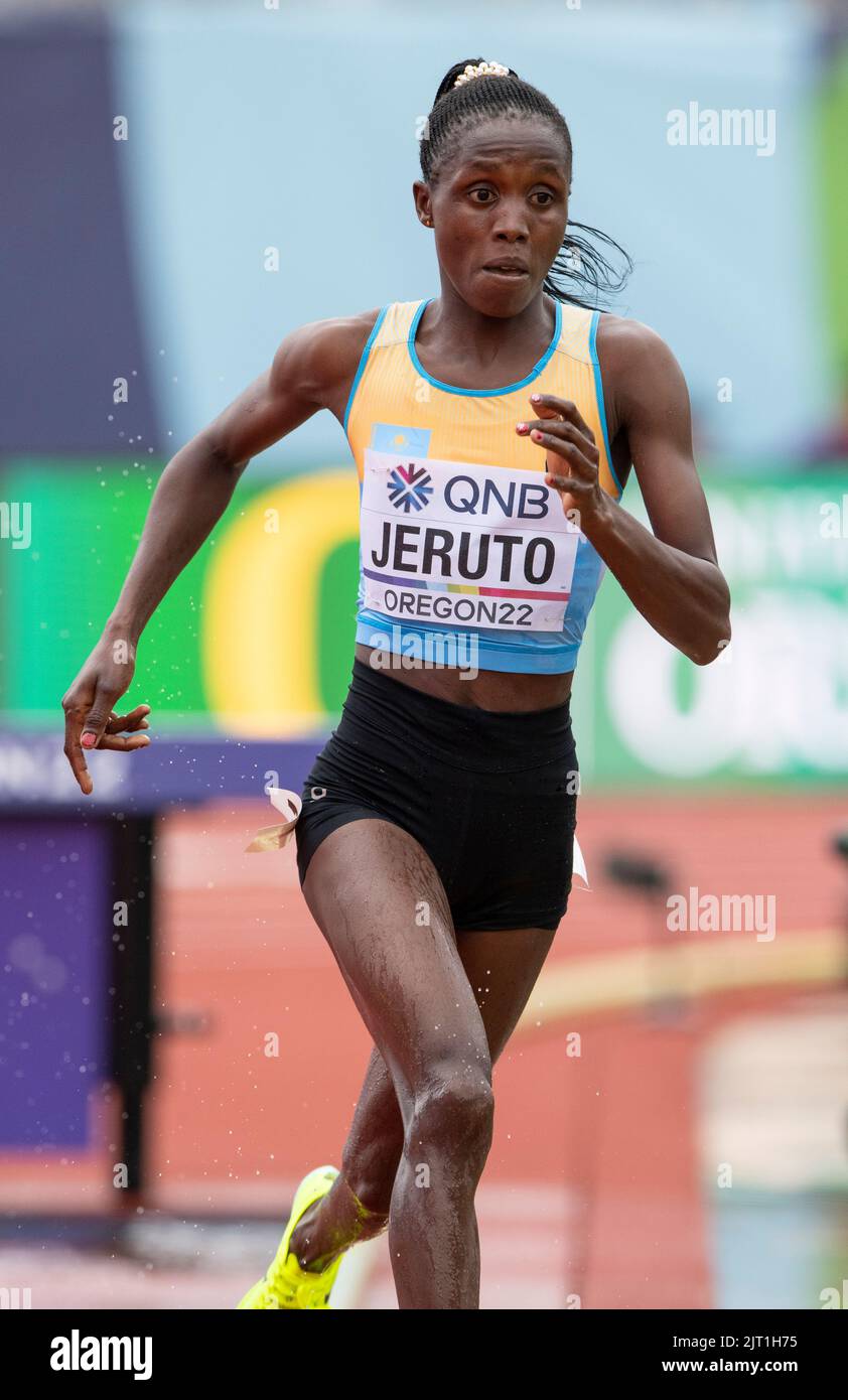 Norah Jeruto of Kazakhstan competing in the women’s 3000m steeplechase ...