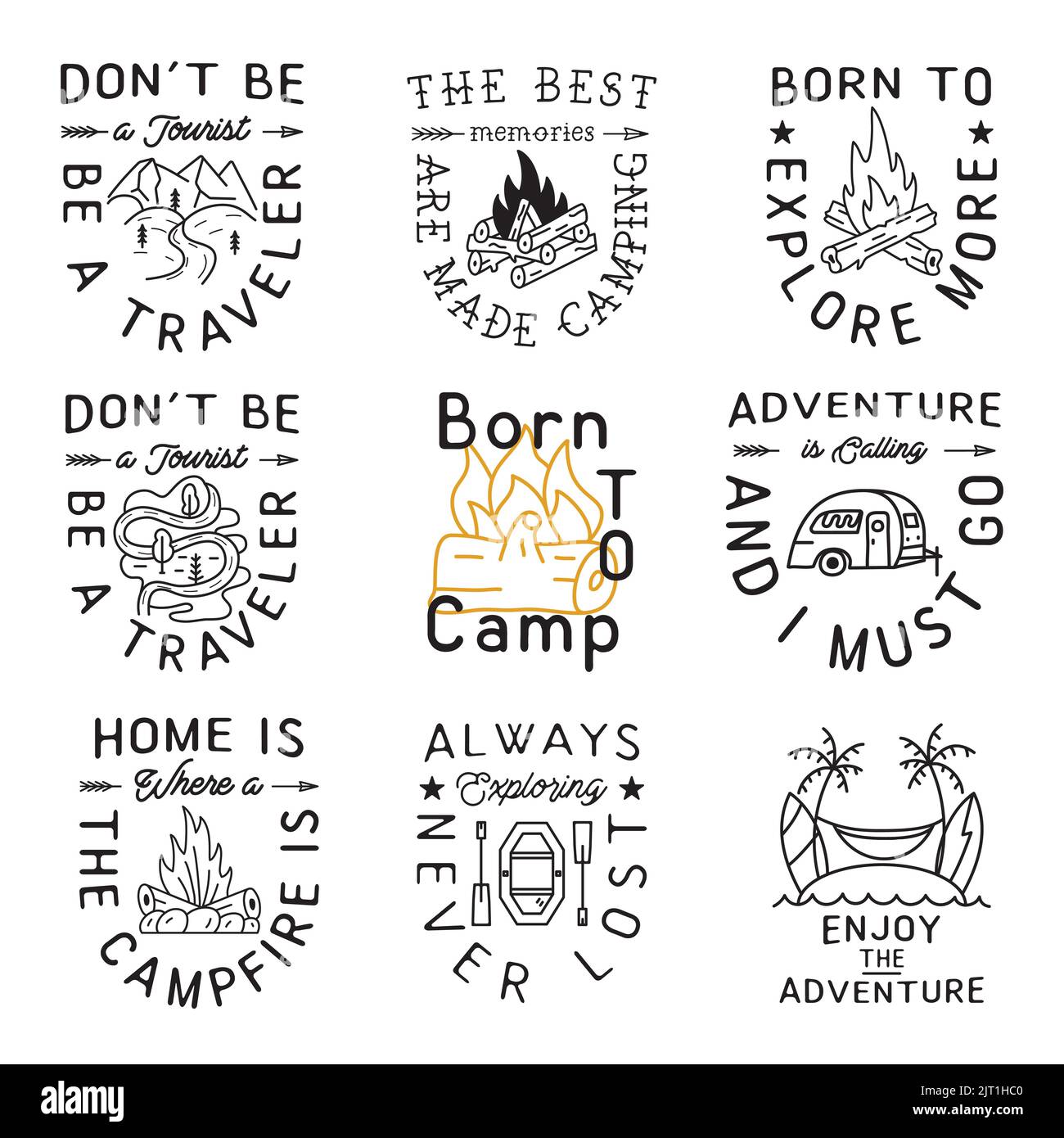 Camping Badges Set in minimalist Line Art Style with Different Quotes ...