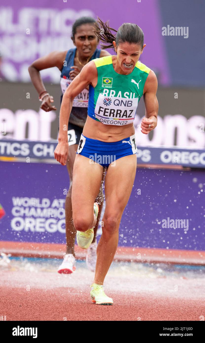 Simone Ferraz of Brazil competing in the women’s 3000m steeplechase heats at the World Athletics ...